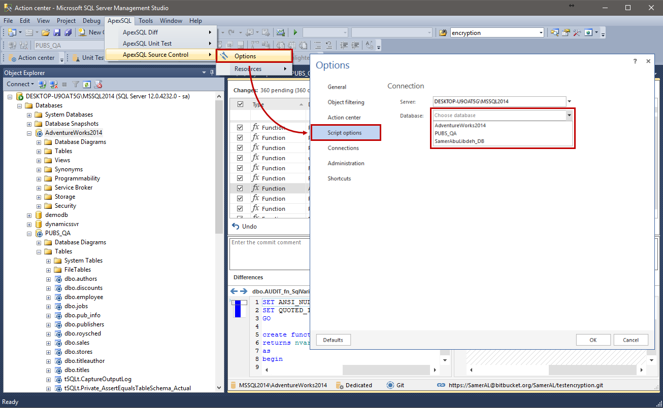 Script Comparison And Synchronization Options In Apexsql Source Control