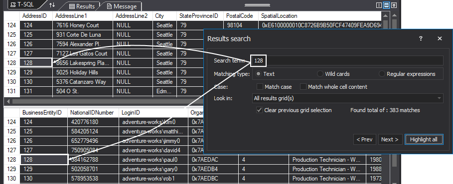 How to perform an advanced data search in the results grid