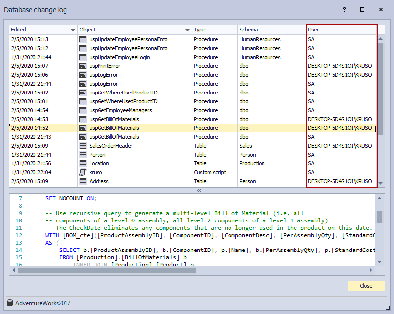 How to view user changes for the shared development model in the database source control