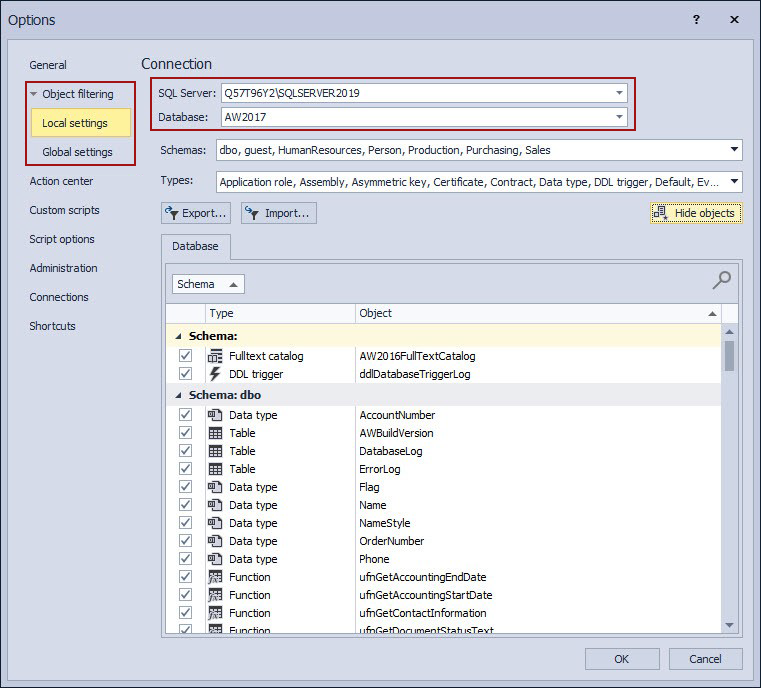 The user default configuration in database source control