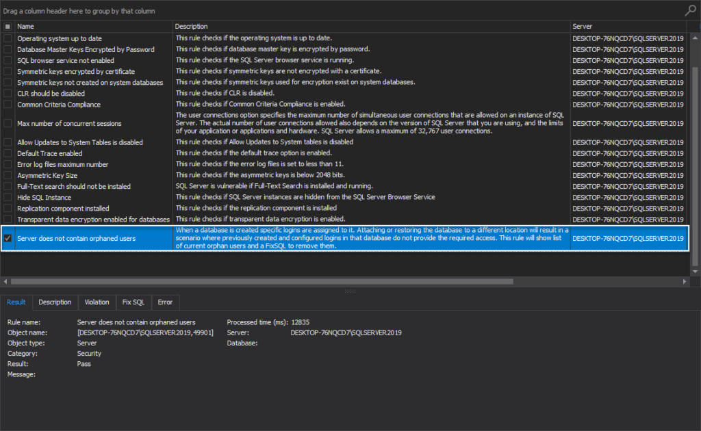 Executing a health check analysis of the SQL Server instance Security ...
