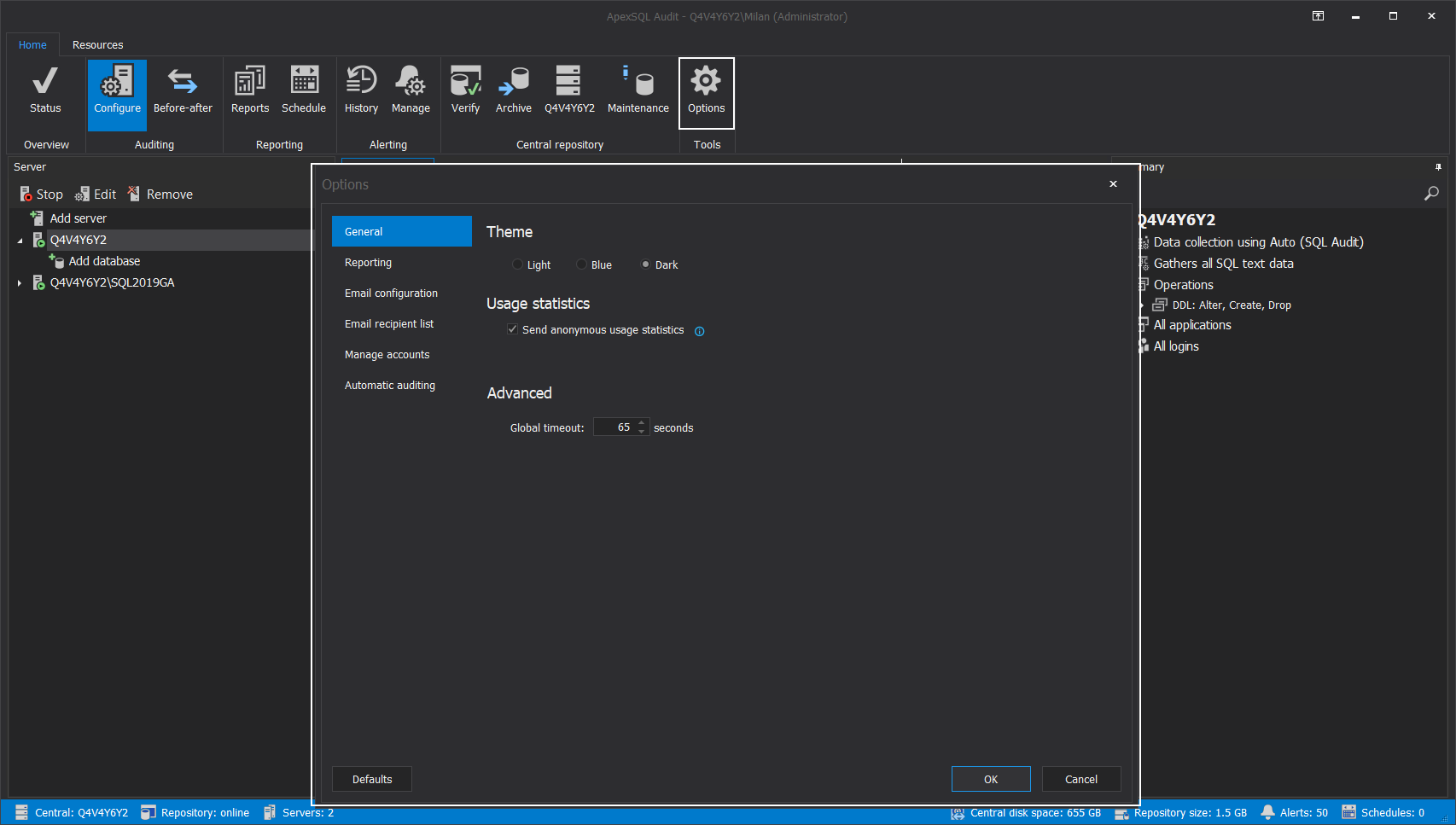 Overview of general SQL auditing administration options