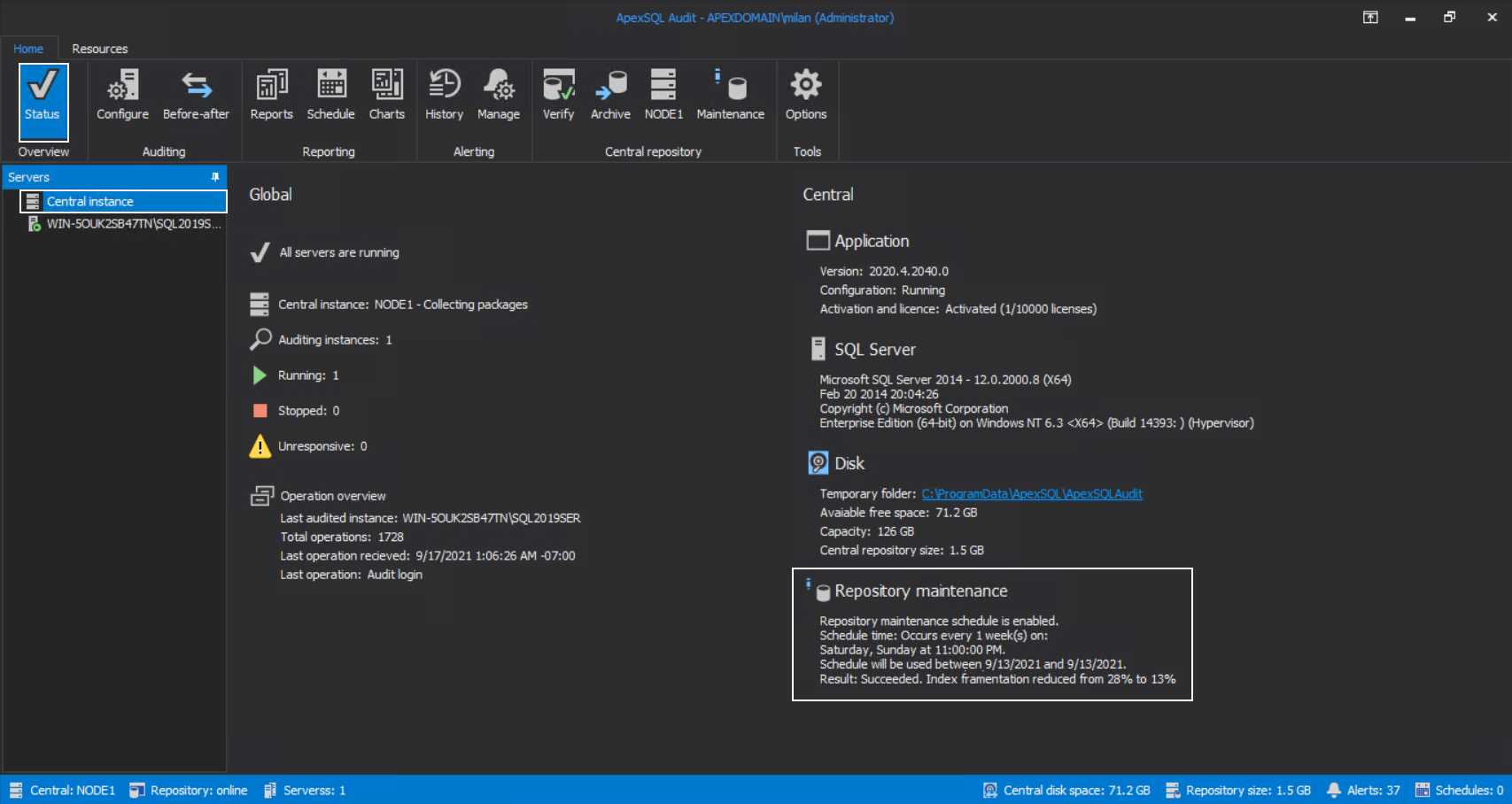 SQL audit data repository index maintenance